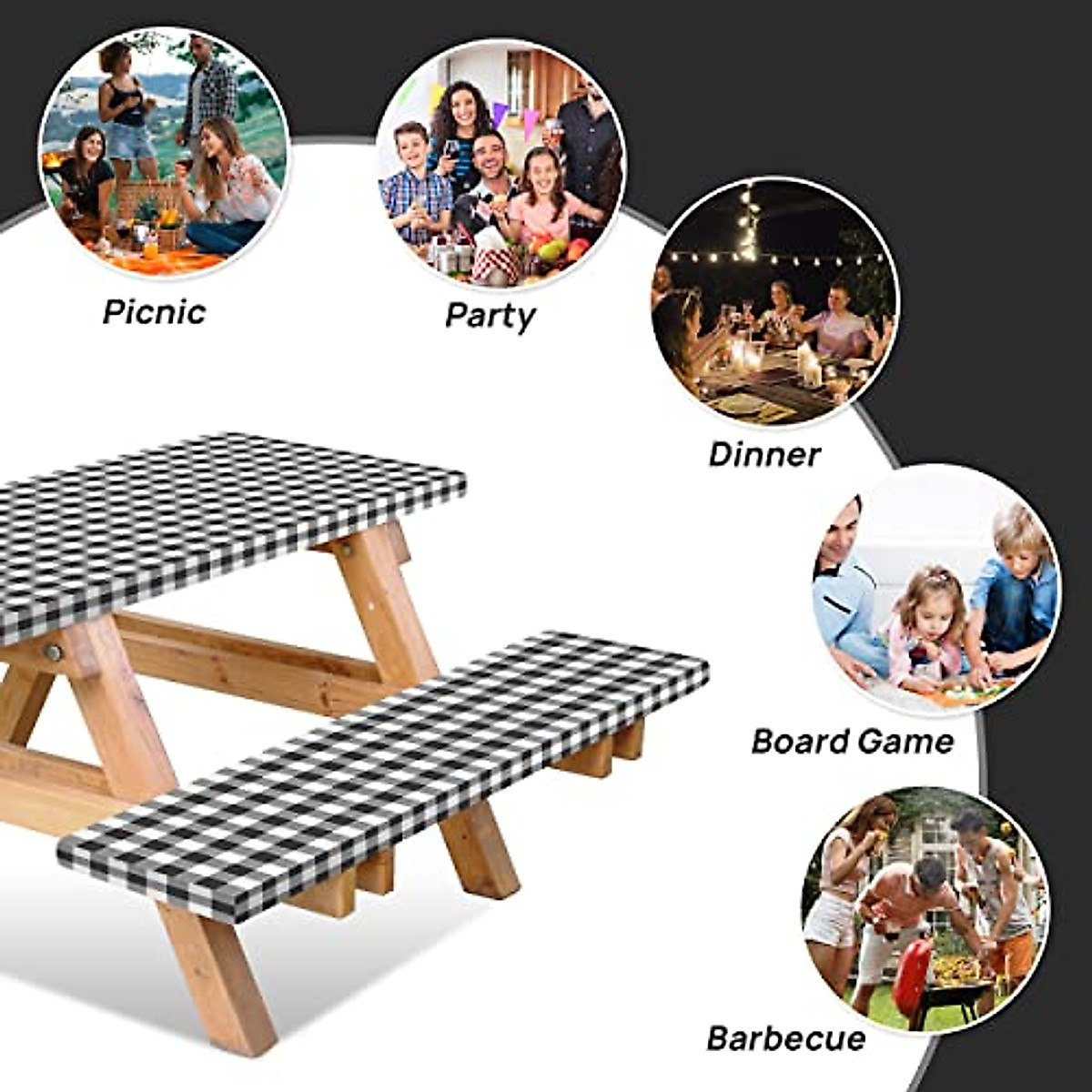RNOONY Vinyl Fitted Picnic Table Cover with Bench Covers and Bag, Outdoor Waterproof Picnic Tablecloth with Elastic Edges, 72x30 Inches 3 Pcs Set (Black)