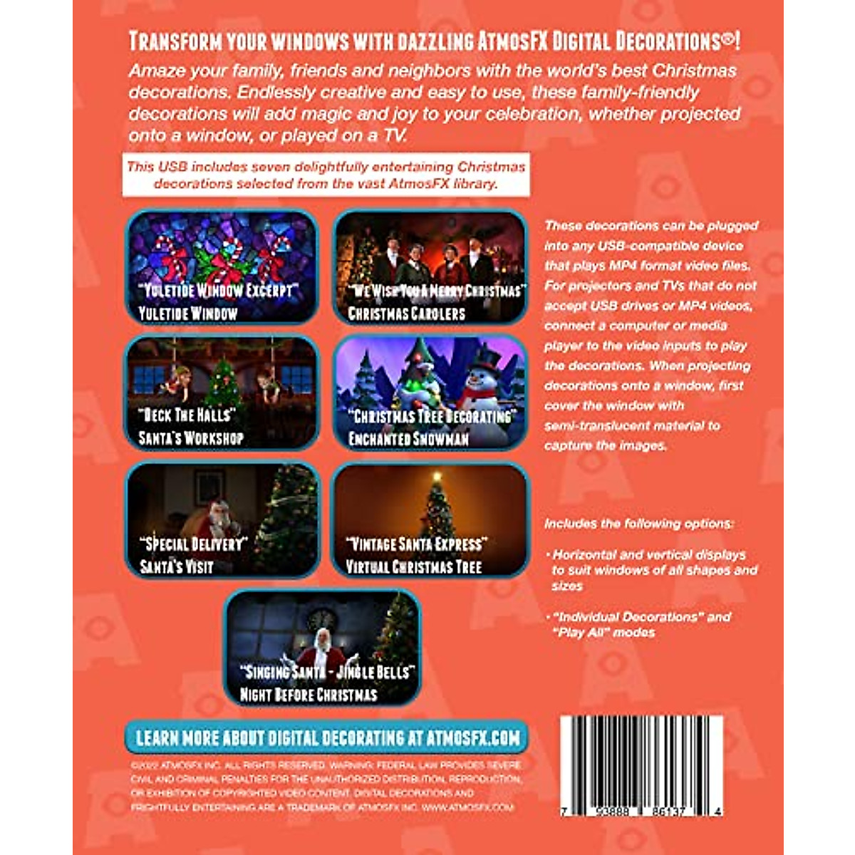 AtmosFX® Christmas Digital Decoration on USB Includes 7 AtmosFX Video Effects for Christmas
