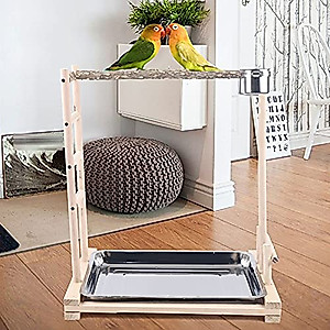 Wooden Perches Bird Stand Large Parrot Perch Playstand with Steel Tray + 2*Food Cup, Game Playing Stick Frame Pet Bird Training Tree Toy for Pets to Play
