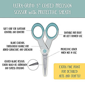 ECR4Kids Cutting Edge Ultra-Grip 5" Precision Non-Stick Coated Scissors w/Sheath - Extra Sharp Pointed Tip - For Sewing and Crafting, Pastel Blue
