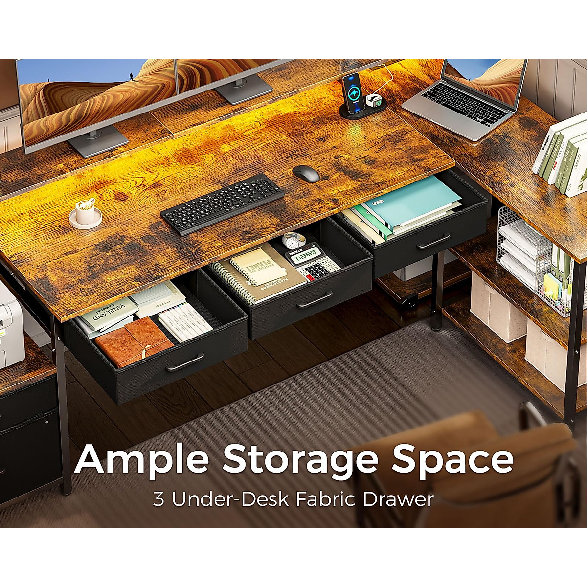 AODK L Shaped Desk with 5 File Drawers, 66" Reversible L Shaped Computer Desk with Power Outlet & LED Strip, Office Desk with Storage Shelves, Gaming Desk with Monitor Shelf, Corner Desk, Vintage