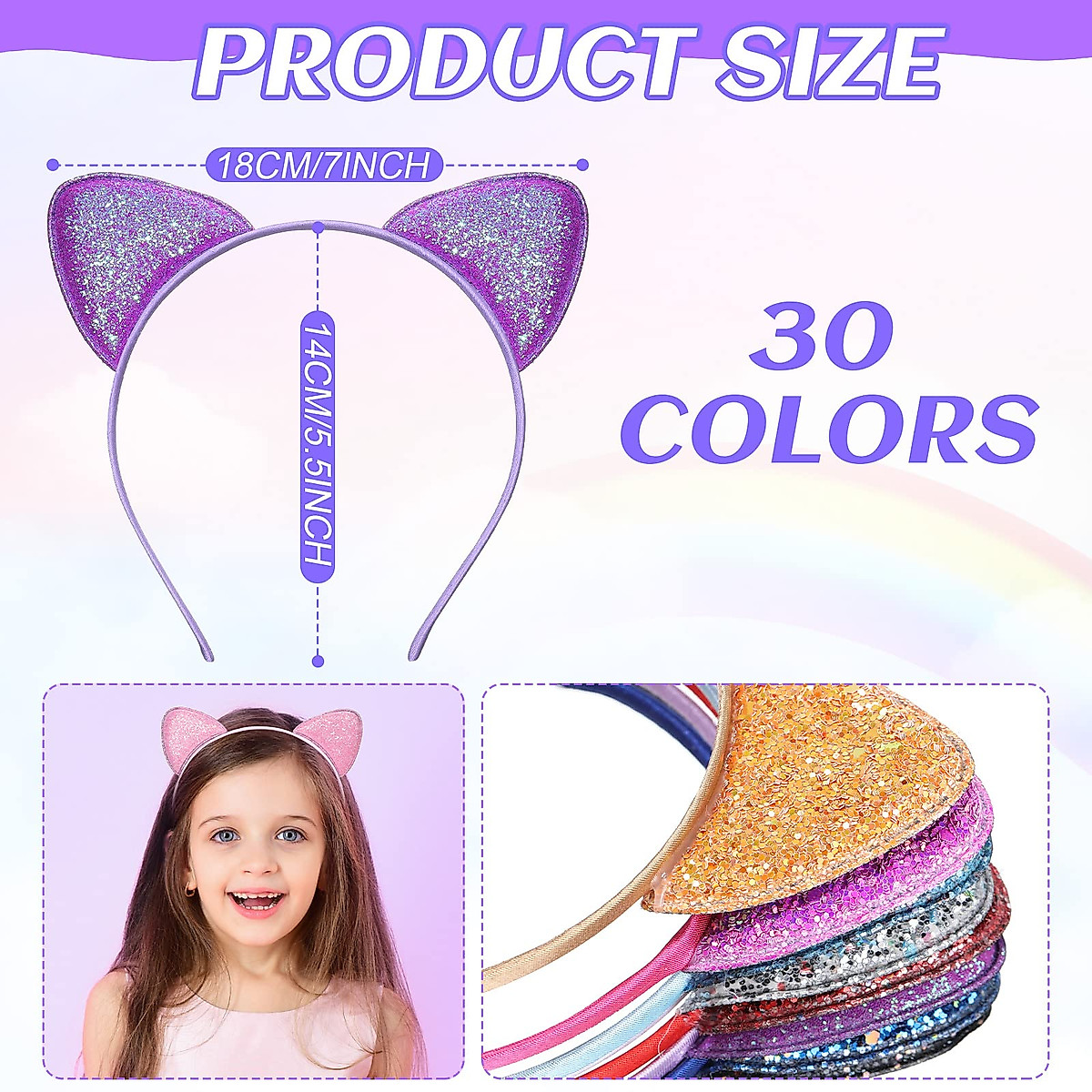 Janinka 30 Pcs Cat Ears Headband for Girls Glitter Sequin Cat Hairbands Shiny Kitty Headband Hair Metal Hoop Hair Accessories for Women Girls Daily Wearing Birthday Party Decoration