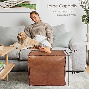 DMeHoo Unstuffed Pouf Foot Stool Ottoman, Faux Leather Pouf Cover, Handmade Square Floor Poufs Chairs for Living Room, Balcony, Bedroom (Brown, 17.7''*17.7''*17.7'', No Filling, Unstuffed)