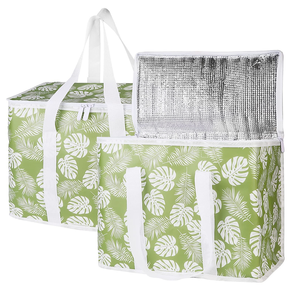 Bodaon 2-Pack Insulated Reusable Grocery Shopping Bags, X-Large Picnic Cooler Bag with Zipper Zippered Top Cold, Green-Leaf