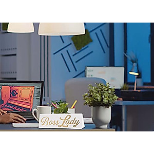 Boss Desk Art for Women and Men Office Decor with Novelty Quote Desk Sign and Plate (Boss Lady, White, Wood)