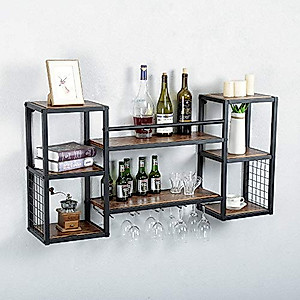 Industrial Hanging Wine Rack Wall Mounted with 5 Stem Glass Holder,47.2in Rustic Wine Glass Rack Wall Mount,Wine Glass Shelf Metal Floating Bar Shelves,Wall Shelf Wine Bottle Holder Wood Shelves