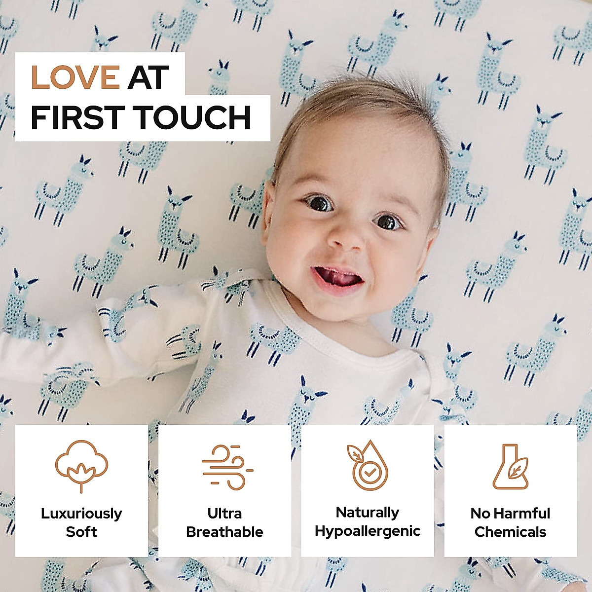 Mini Crib Sheet with Llama Pattern - 100% Organic Cotton Pack n Play Fitted Sheet - Premium Mini Pack and Play Sheets - Pickle & Pumpkin Sheet Compatible as Graco Pack n Play Sheet & Mini Crib Sheets