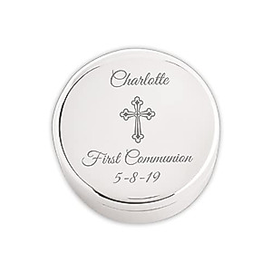 Cherished Moments Personalized Small Round Jewelry Keepsake Box that has Custom Engraved Cross and Message for First Communion Gift for Girls, Silver Toned