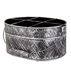 Black & Silver Metalic Caddy Plain 10.5 x 8 x 5 - Galvanized Metal Organizer for Kitchen Counter - Comfortable Wooden Handle /Indoor/Outdoor Storage For Flatware, Condiments, Party Cutlery, Arts