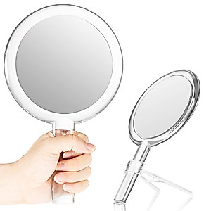 Queekay Double-Sided Handheld Mirror with Stand, 1X/10X Magnifying Mirror, Clear Adjustable, Round Shape, 25.8 x 15 cm