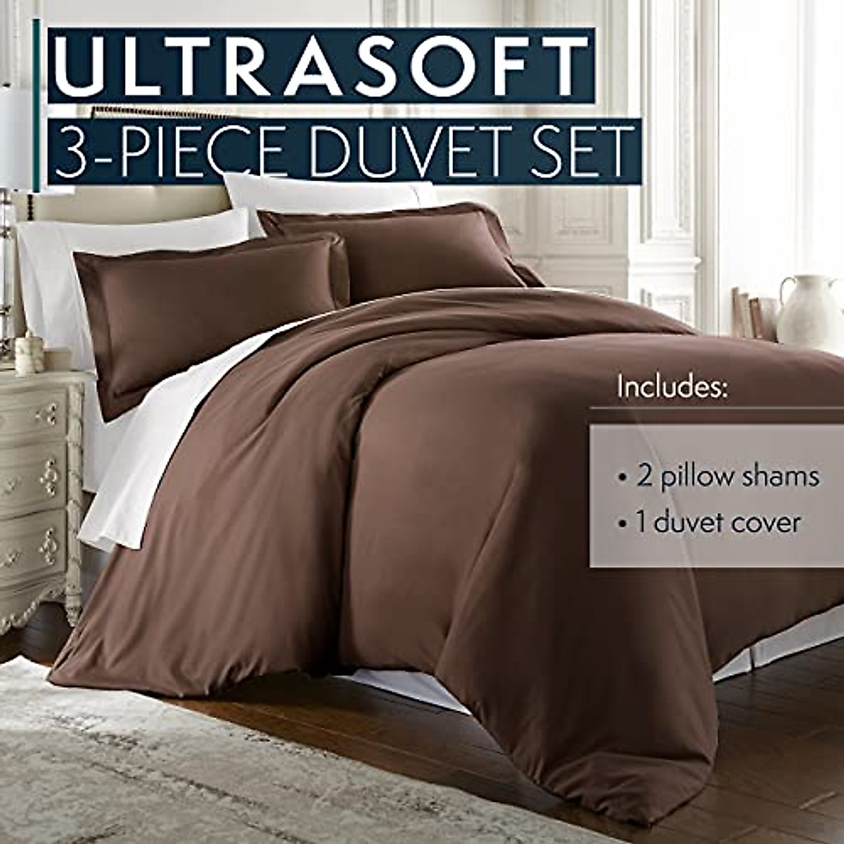 HC COLLECTION Queen Duvet Cover Set - 1500 Thread Lightweight Duvet Covers with Zipper Closure for Comforters w/ 2 Pillow Shams - Brown