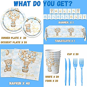 We Can Bearly Wait Bear Baby Shower Decorations, 142pcs Bear Baby Shower Plates and Napkins Set, Cups Banner Tablecloth for Boy Teddy Bear Baby Shower Party Supplies (Blue)