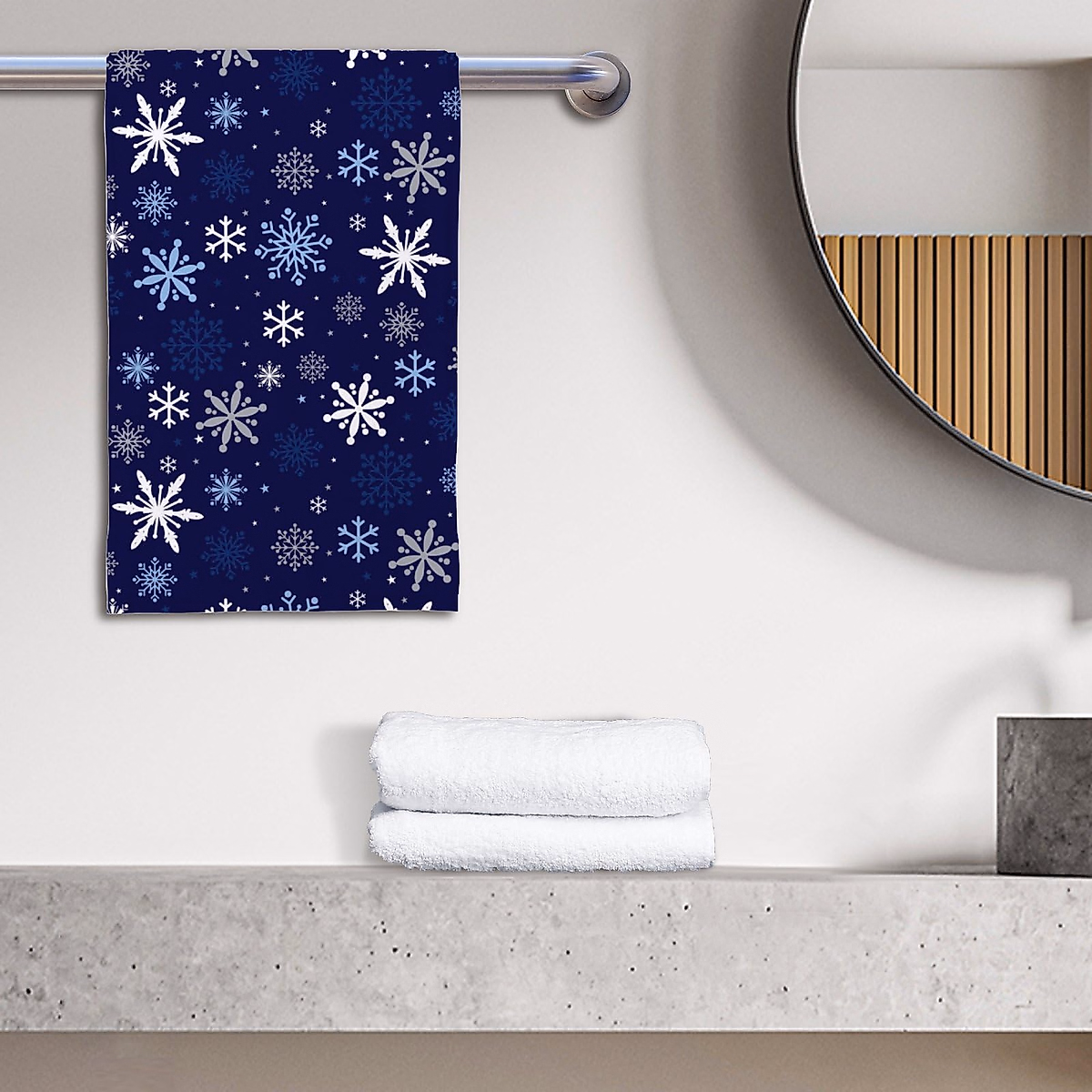BVOGOS Christmas Bath Hand Towels Set of 2 Blue White Snowflakes Star, Soft Absorbent Decorative Bathroom Kitchen Towels Washcloth 30 x 15 Inch