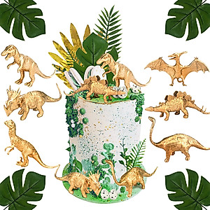 16 PCS Metallic Gold Dinosaur Cake Decorations Dino Theme Cake Topper with Artificial Palm Leaves Dinosaur Eggs for Kids Boys Girls Baby Shower Birthday Party Supplies