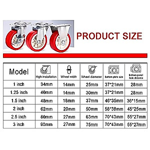, Industrial Silent, 360° Swivel, 2" Caster s Set of 4,with Brake, Red (Color : Fixed, Size : 2.5inch)