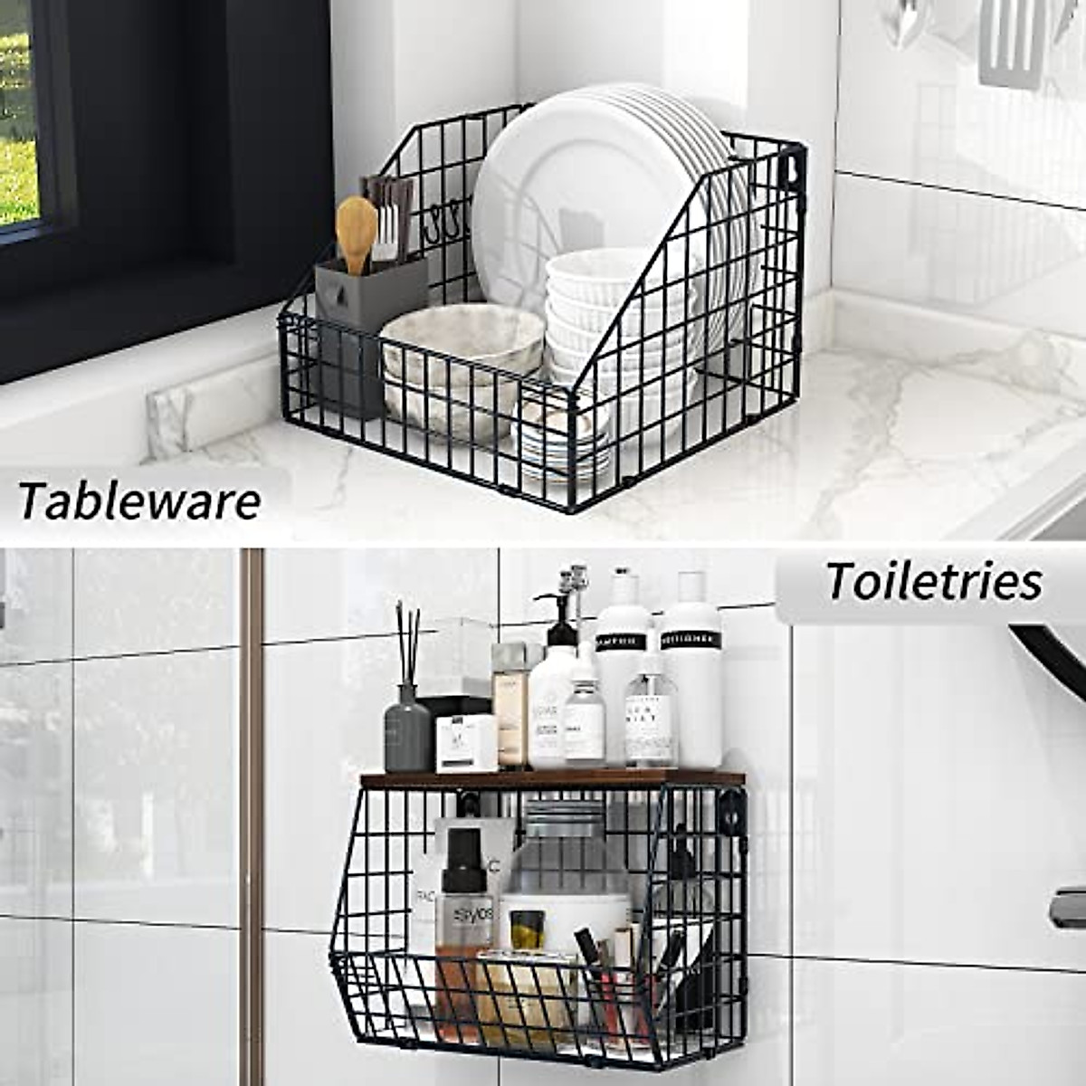 Mefirt Fruit Basket, Enlarged 2-Tier Kitchen Organization Wire Basket with Wood Lid, Stackable Wall-mounted & Countertop Tiered Storage Baskets for Potato Storage, Onion Storage, Snack Onganizer etc