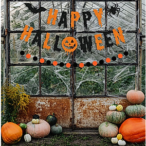 CAVLA Glitter Happy Halloween Banner and Circle Dots Garland Black Orange Glittery Halloween Garland Banner with Bat and Spider Signs Halloween Haunted Houses Wall Fireplace Party Decorations Supplies