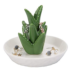 HOME SMILE Ceramic Aloe Ring Holder with Derorative White Dish Dish for Jewelry,Christmas Birthday Gifts
