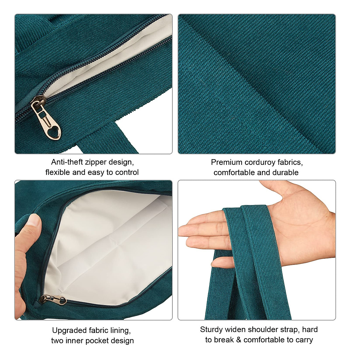 Kememo Corduroy Tote Bag with Zip, Shoulder Bag Women's Hobos Handbags Large Capacity Shopping Bag with Inner Pocket, Green
