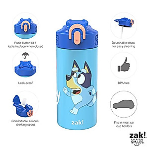 zak! Bluey - Stainless Steel Vacuum Insulated Water Bottle - 14 oz - Durable & Leak Proof - Flip-Up Straw Spout & Built-In Carrying Loop - BPA Free