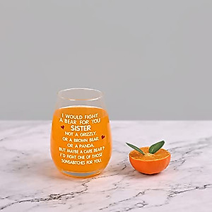 Waipfaru Funny Gift For Sister, Fight A Bear for You Stemless Wine Glass, Sister Gifts From Sister Brother, Birthday Christmas Gift for Sister Sister in Law Soul Sister Big Sister Little Sister, 15Oz