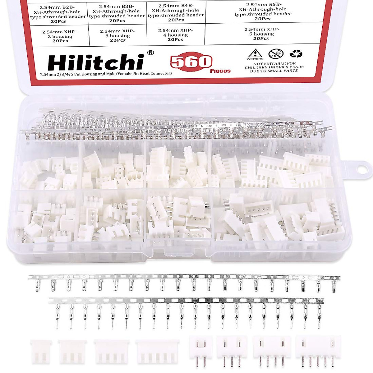 Hilitchi 560Pcs 2.54mm 2/3/4/5 Pin Housing and Male/Female Pin Head Connector Adapter Plug Set Perfectly Compatible with JST-XHP