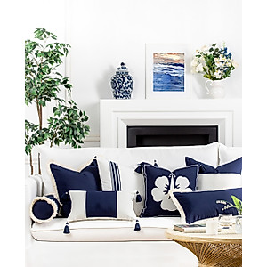 Hofdeco Premium Coastal Hampton Style Patio Outdoor Performance Lumbar Pillow Cover Only, 12"x20" Water Repellent for Backyard, Couch, Dark Navy Blue Solid with Fringe