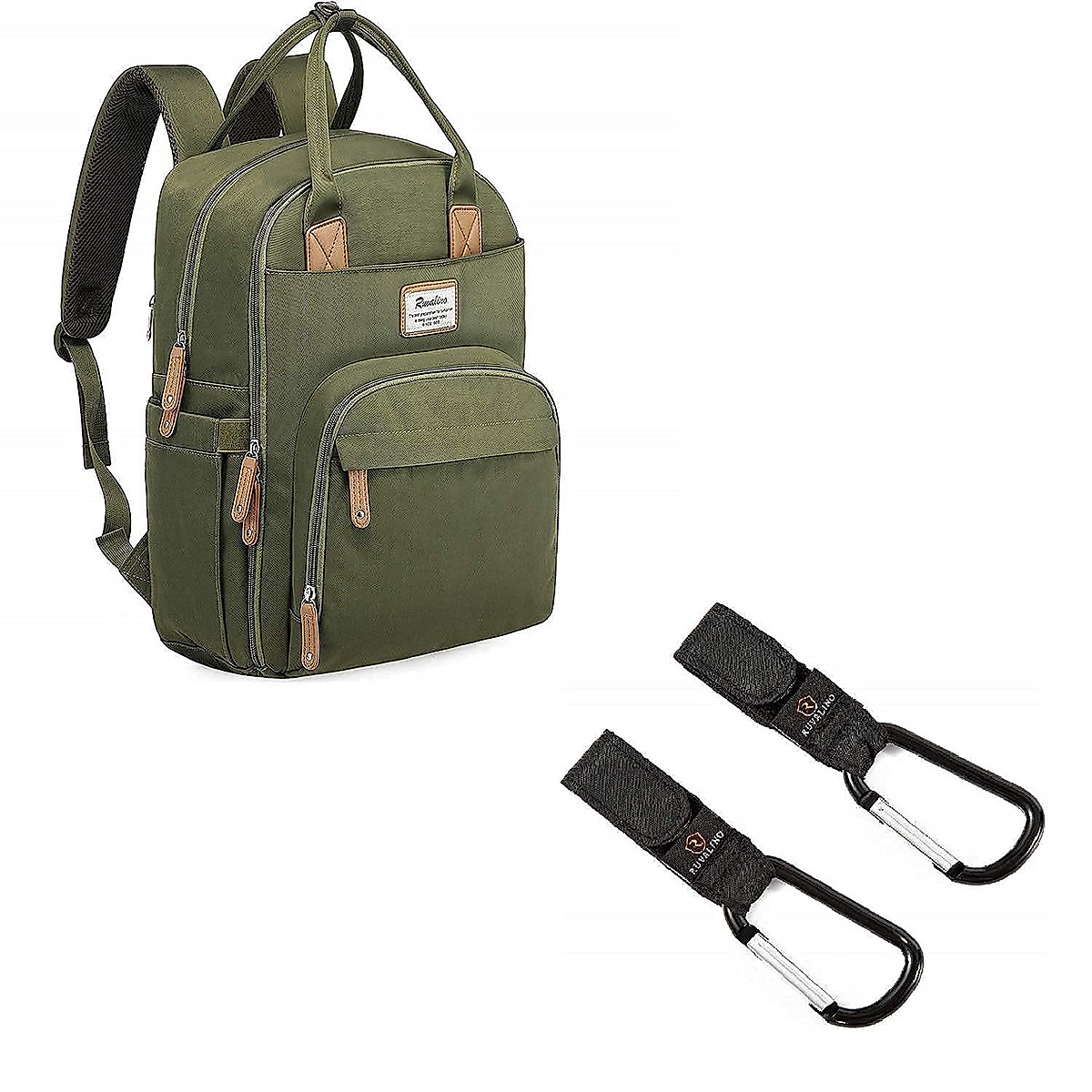 RUVALINO Diaper Bag Backpack, Stroller Hooks, Multifunction Travel Green Baby Back Pack with Changing Pad, Universal Stroller Clips for Mom Dad