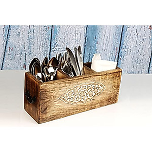 Mother's Day Gifts Hand Carved Wooden Kitchen Utensil Holder With 3 Compartments Wood Utensil Organizer for Cutlery, Napkins, Cups Caddy Organizer | 12 X 4 X 5 Inch