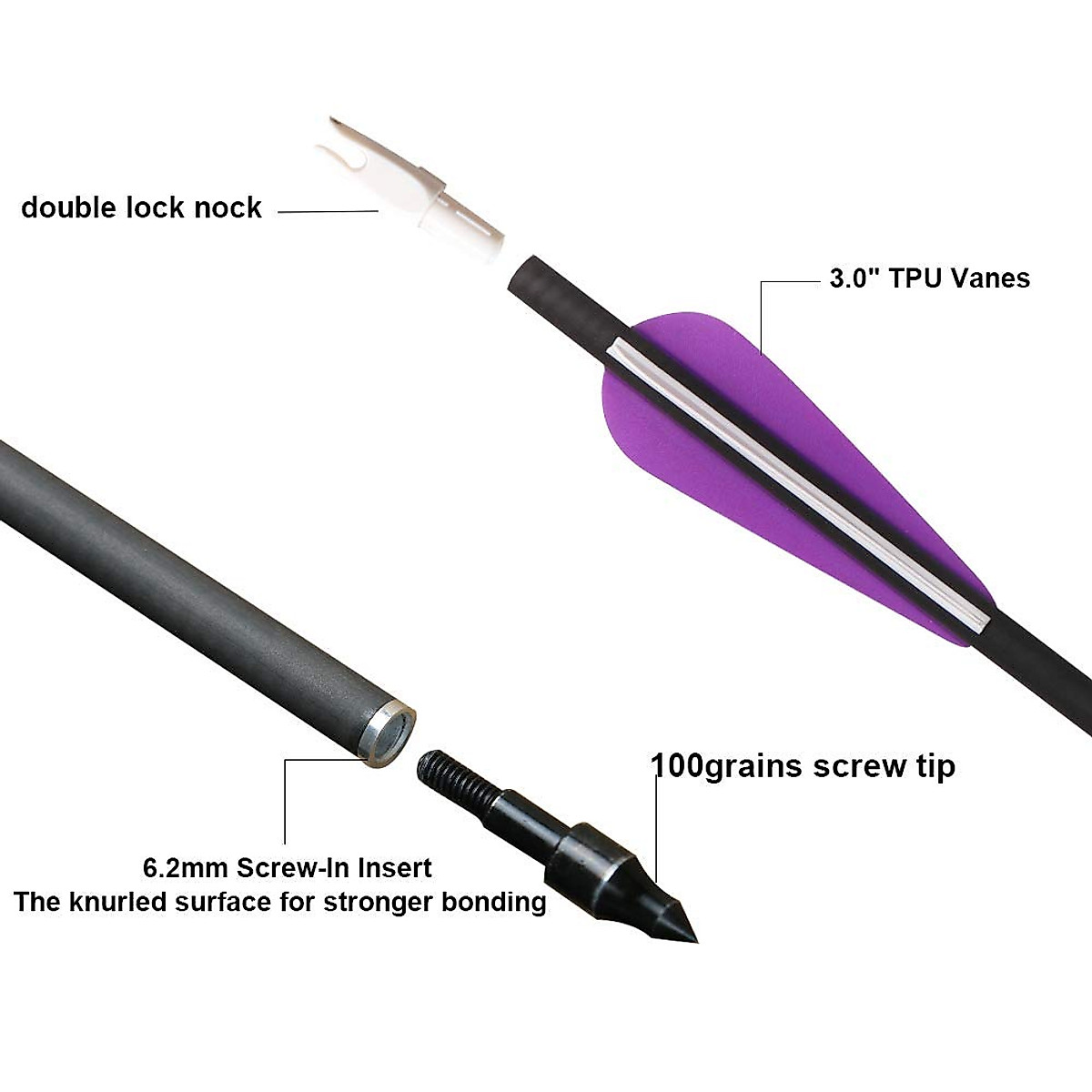 Huntingdoor Archery Carbon Arrows 31'' Targeting Arrows 350 Spine with Removable Tips for Recurve Bow Compound Bow Longbow Hunting Shooting Practice