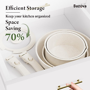 Bazova Ceramic Nonstick Cookware Set, Healthy,Non Toxic,17-Pieces Pots and Pans Set Removable Handles,Induction RV Kitchen Set,Stain & Scratch-resistant,Dishwasher/Oven Safe,PFAS/PFOA Free,Cream White