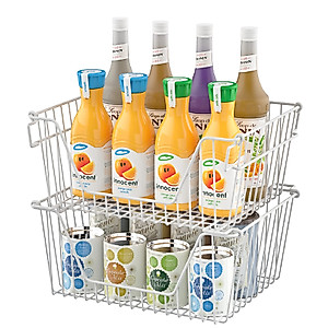 Slideep 14'' Large Stackable Storage Baskets Cabinet Organizer Sturdy Metal Wire Pantry Freezer Bin for Pantry Home Bathroom Kitchen Organization White - 4 Pack