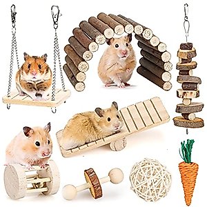 BBjinronjy Hamster Chew Toys Set Small Animal Molar Toys Teeth Care Wooden Accessories for Guinea Pigs,Chinchillas,Gerbils,Mice,Rats,Mouse Rodents Toy Swing Seesaw Bridge (Wood)