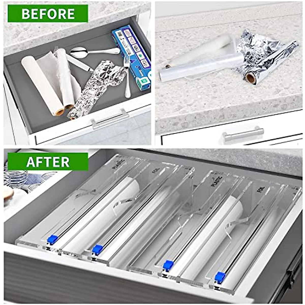 2 in 1 Plastic Wrap Dispenser with Cutter, Acrylic Aluminum Foil and Wax Paper Dispenser with Slide Cutter for Kitchen Drawer, Plastic Wrap Parchment Roll Organizer Holder, Fits 12" Roll, Clear