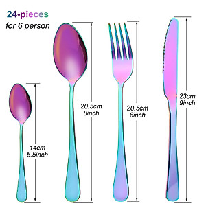 Senhuok Cutlery Flatware Set 24 Piece Rainbow Silverware Kitchen Utensil Set Stainless Steel Tableware Dinnerware Sets Knife Fork Spoon, Service for 6 Home Restaurant Party Food Flatware Set-Colorful