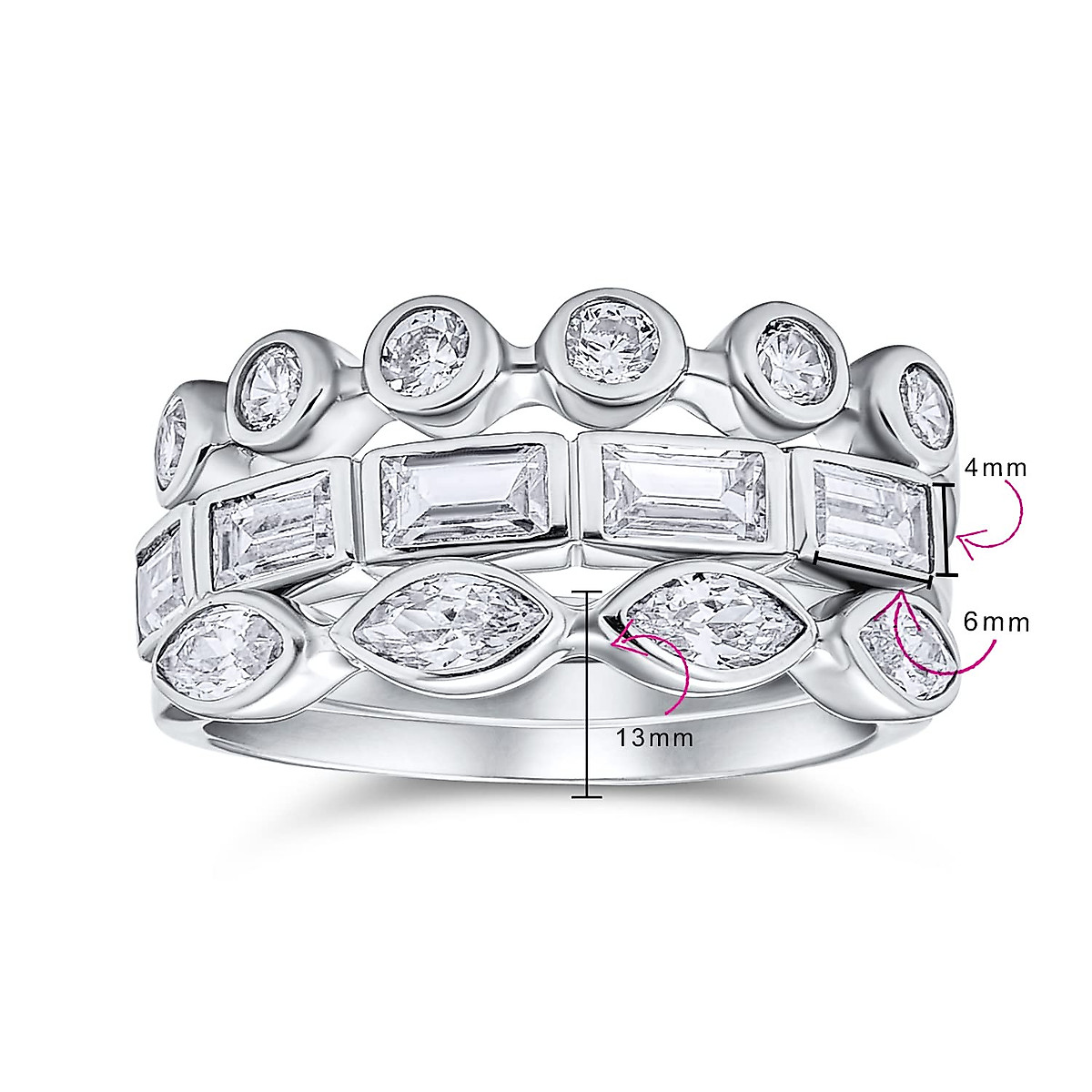 3 Set Geometric Cubic Zirconia Baguette Marquise Round CZ Stackable Wedding Band Ring Set For Women .925 Sterling Silver