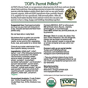 TOP's Parrot Food Pellets Hookbills, Small, Medium and Large Parrots - Non-GMO, Peanut Soy & Corn Free, USDA Organic Certified - 4 lb / 1.81 kg