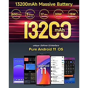 Ulefone Power Armor 13 (8GB + 128GB) Rugged Smartphone, 13200mAh Large Battery, FHD+ 6.81" Screen Octa-core 48MP Quad Camera Android 11, NFC OTG Wireless Charging, IP68 Waterproof Unlocked Cell Phone