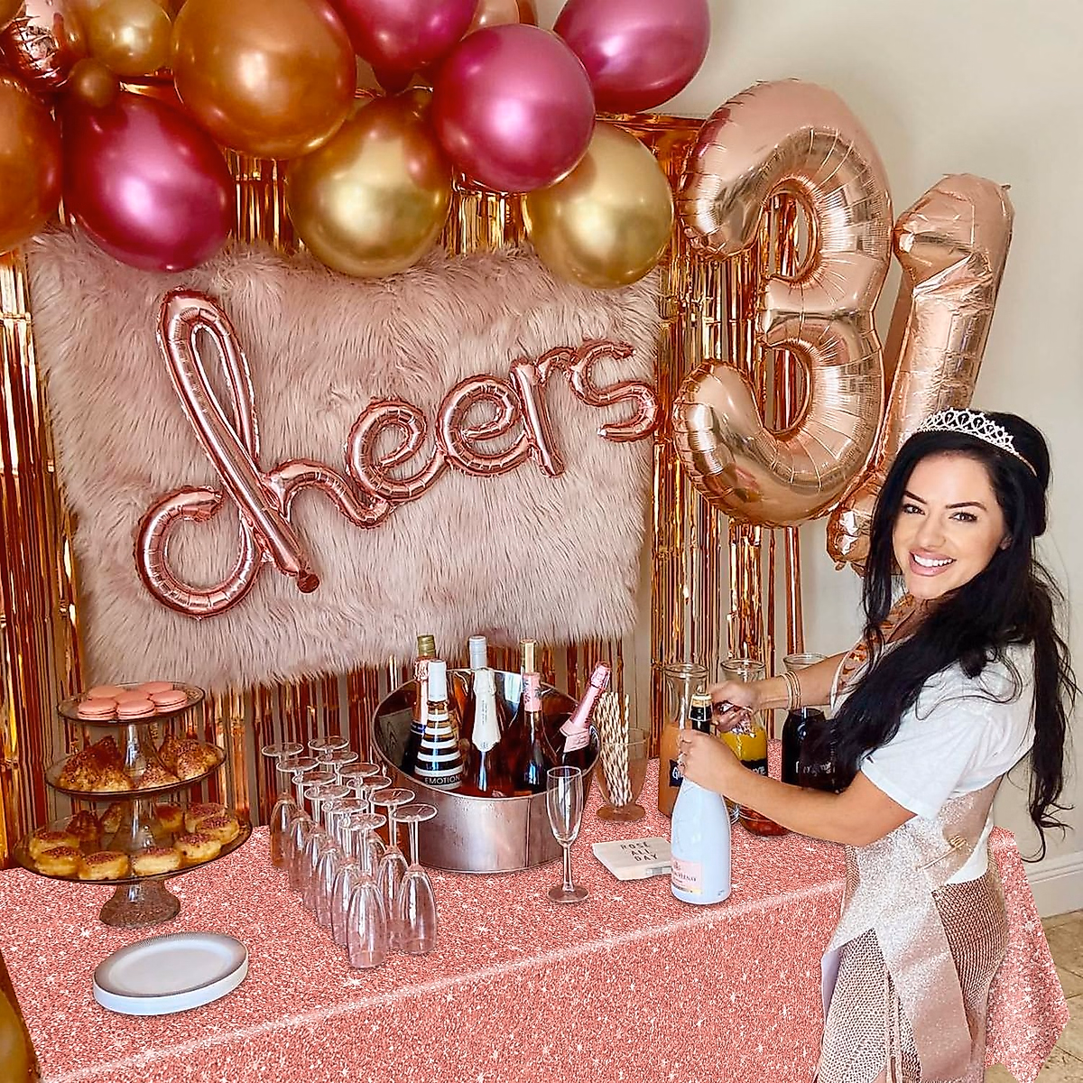 4 Pack Pink Rose Gold Tablecloths, 51x87'' Rose Gold Sequin Printed Plastic Table Cover, Rose Gold Glitter Birthday Background Decorations for Girls Birthday Wedding Graduation Princess Party Supplies