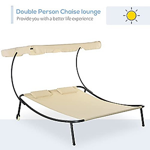 Outsunny Patio Double Chaise Lounge Chair, Outdoor Wheeled Hammock Daybed with Adjustable Canopy and Pillow for Sun Room, Garden, or Poolside, Beige