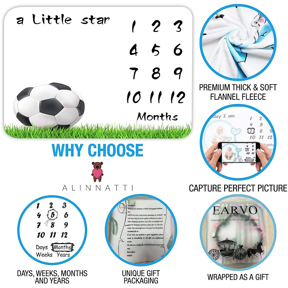 EARVO Baby Boy a Little Star Blanket, 40x40 inches Milestone Blanket Soccer Green Grass Photography Props Soft Fabric Blanket with Frame for Growing Babies EADS466