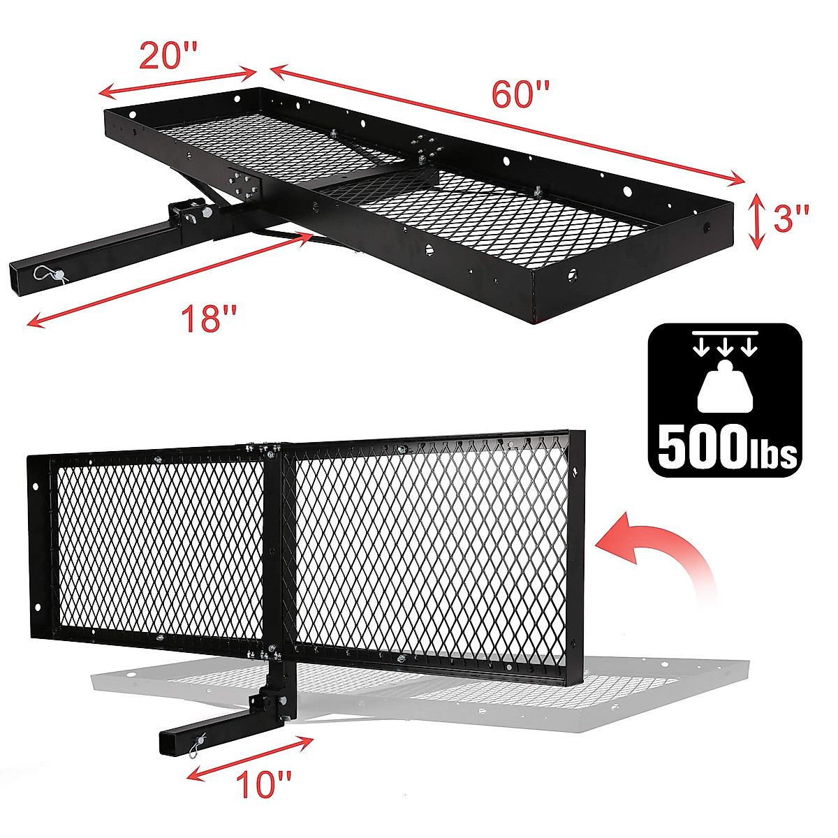 LUCKYERMORE 60x20x3 Heavy-Duty Tray Hitch Cargo Carrier with Cargo Net, 500lbs Capacity, Foldable Design, Easy Assembly, Universal Fit for SUVs, Trucks
