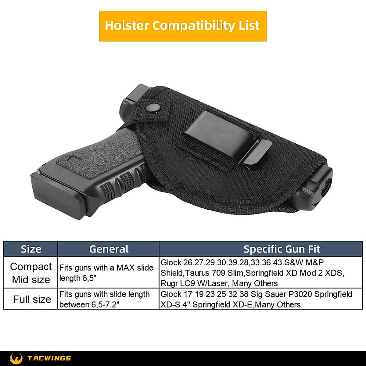 TACWINGS Universal Gun Holsters for Men Women, WB/OWB 9mm Holsters for Pistols Right Left,Concealed Carry Holster Fits S&W M&P Shield Glock 17 19 26 27 42 43 Revolver, Similar Handguns (2-Pack)