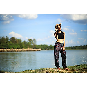 Boho Pants Harem Pants Yoga Trousers for Woman Bohemian Beach Pants (Plumes Black, Medium)