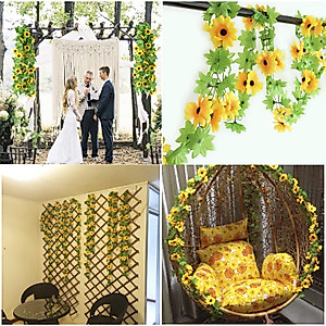 OUTLEE 4 Pack Artificial Sunflower Garland Faux Silk Sunflower Vines with 12 Flower Heads 8 ft Long for Home Garden Wedding Party Decor