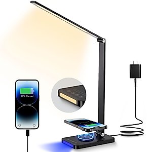 GTIMLMC Desk Lamp with Wireless Charger, LED Table Lamps for Home Office, USB Charging Port, Blue and Warm Bedside Night Light, Touch Dimmable, Eye-Caring, Timer, with Adapter, Black