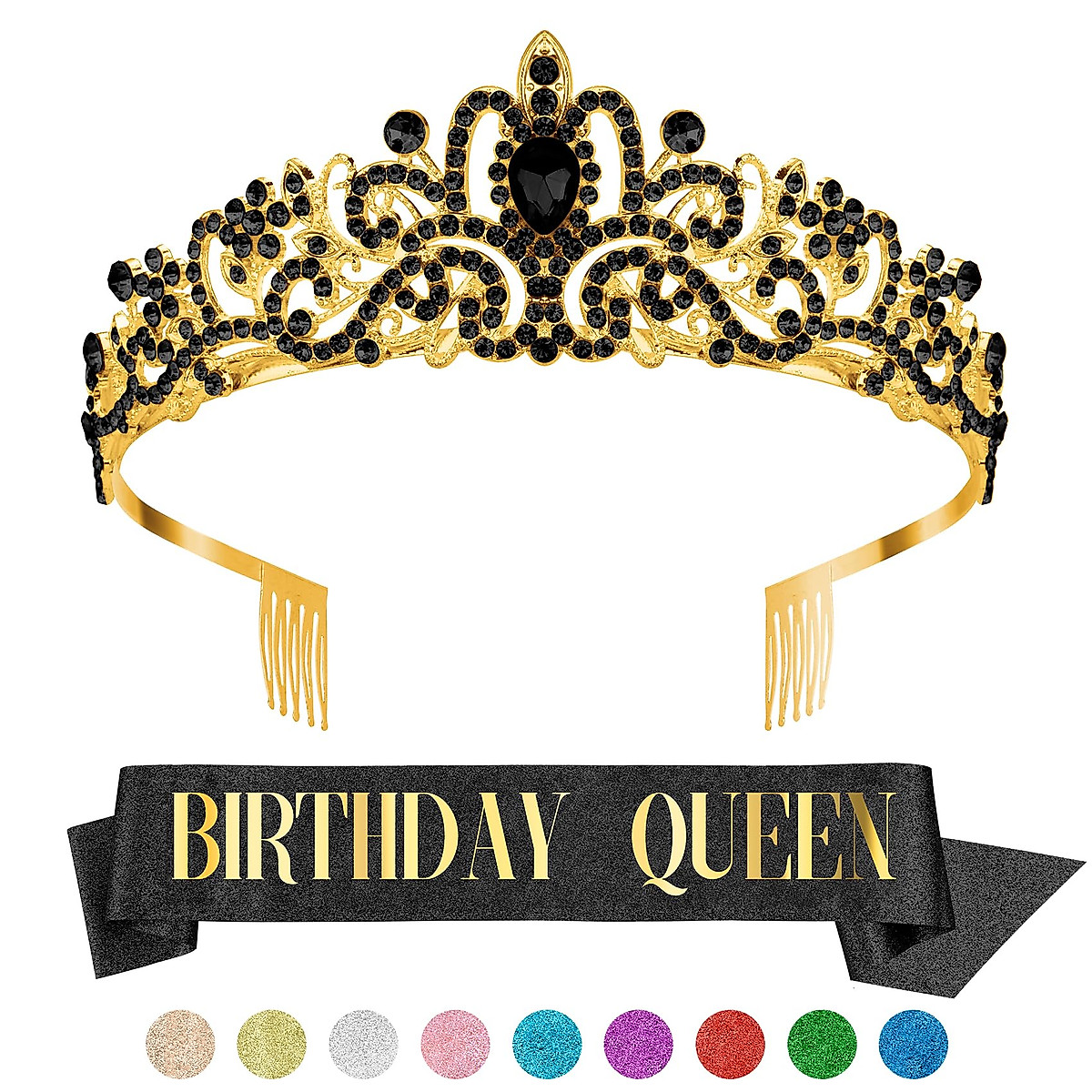 Black Birthday Celebration Set: Sash, Tiara, Headband, and Gold-Accented Decorations for Women