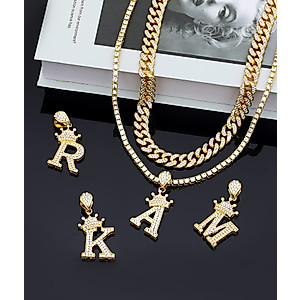 WFYOU Cuban Link Chain for Women Crown Gold Initial Pendant Necklace 18K Gold Plated Alphabet Letter Pendant Choker Hip Hop Diamond Chain Custom Name Necklace Trendy Dainty Rapper Jewelry Gift
