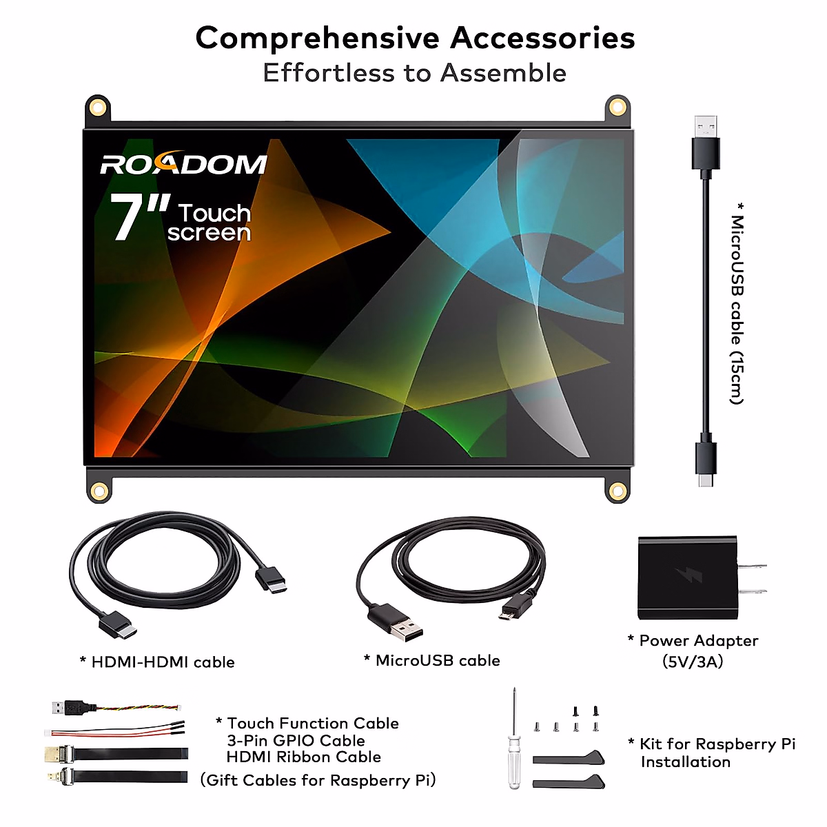 ROADOM 7’’ Raspberry Pi Screen, IPS1024×600,Responsive Smooth Touch,Dual Built-in Speakers,HDMI Input,Compatible with Raspberry Pi 5/4/3,Driver Free