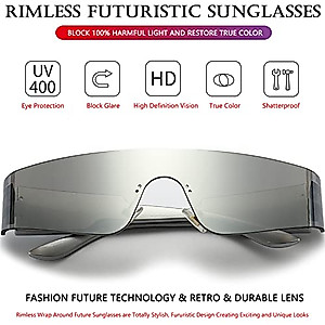 AIEYEZO Modern Fashion Rimless Futuristic Wrap Around Sunglasses Women Men Cyberpunk Visor Sun Glasses Trendy Future Shades (Silver/Silver Mirrored)
